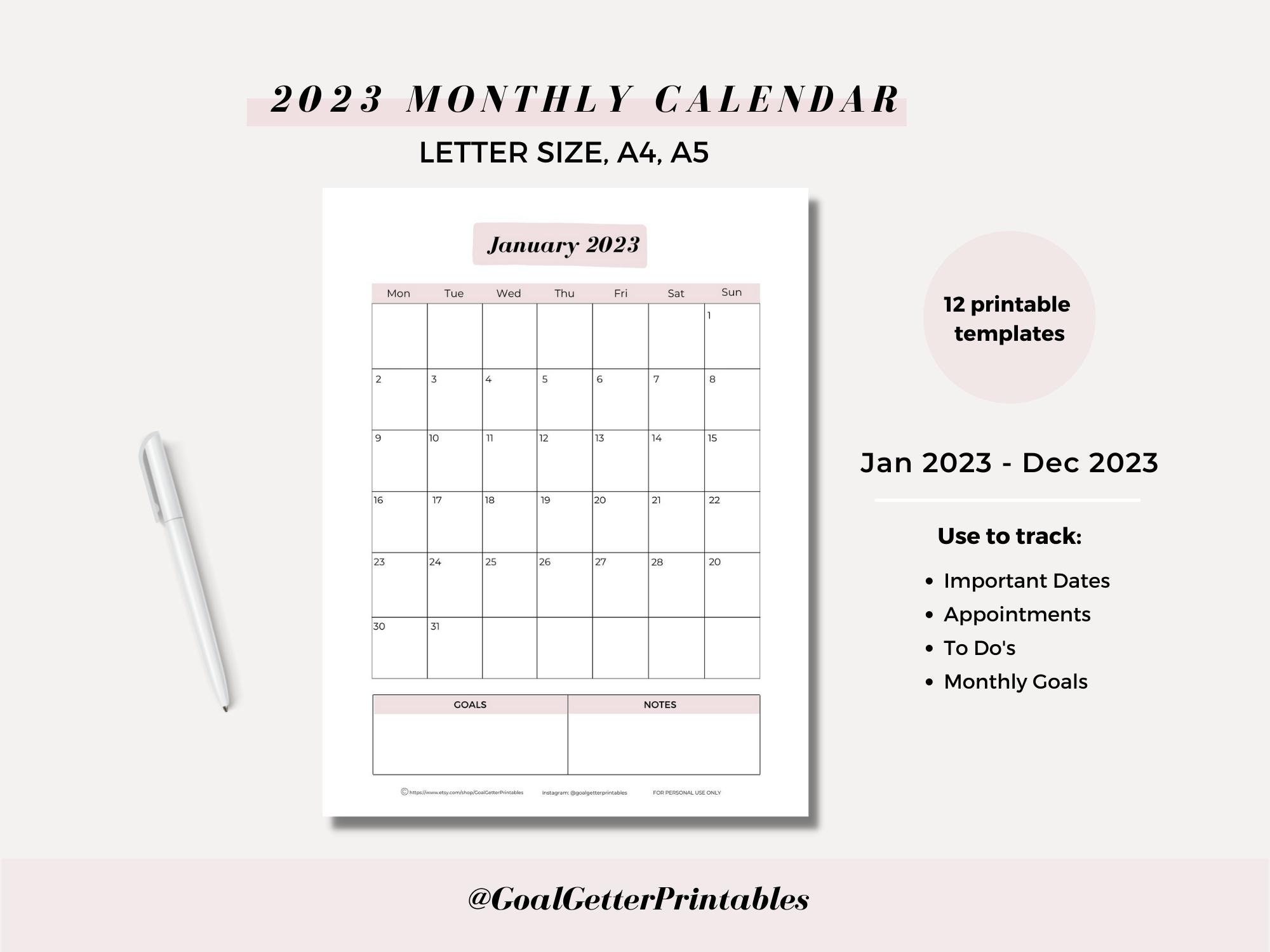 2023 Monthly Calendar Printable Template I Year at a Glance I Vertical ...