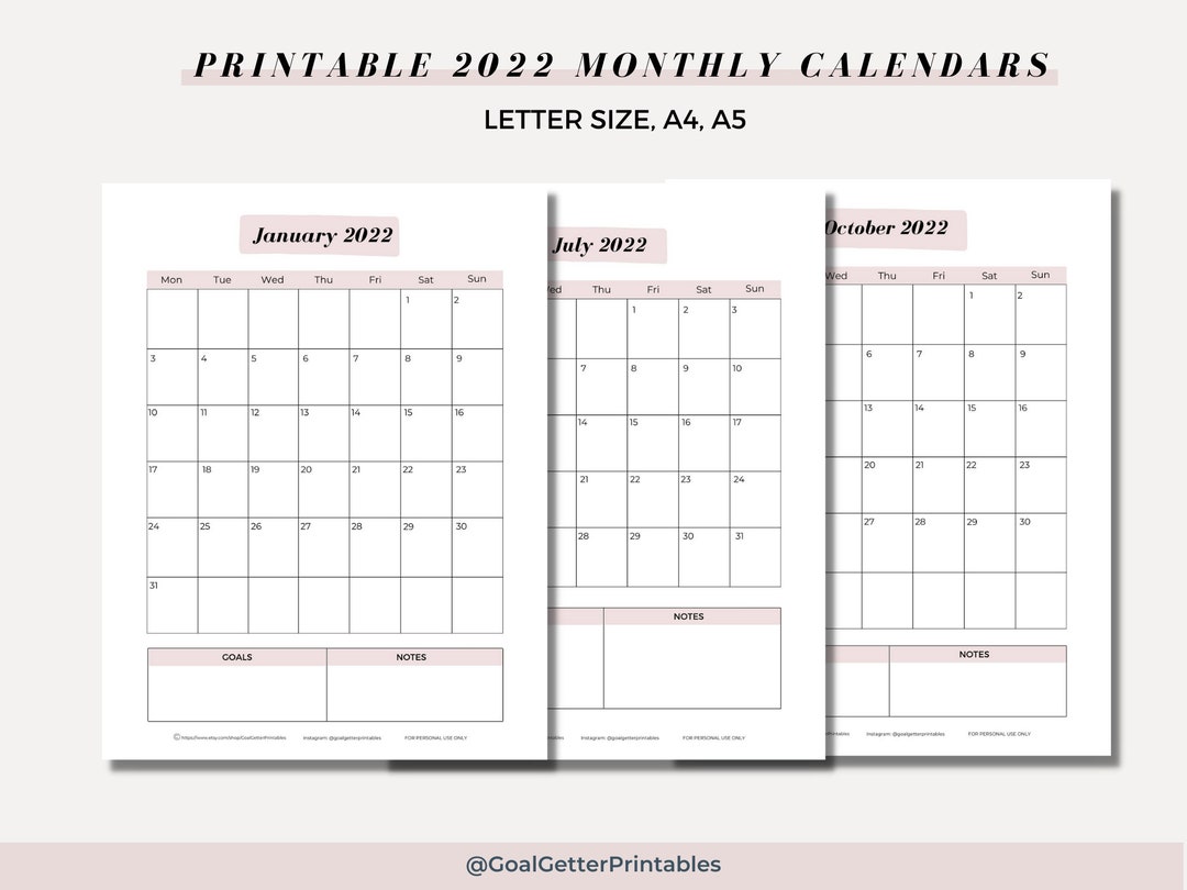 2022 Monthly Calendar I Vertical Printable PDF Planner Template I Jan ...