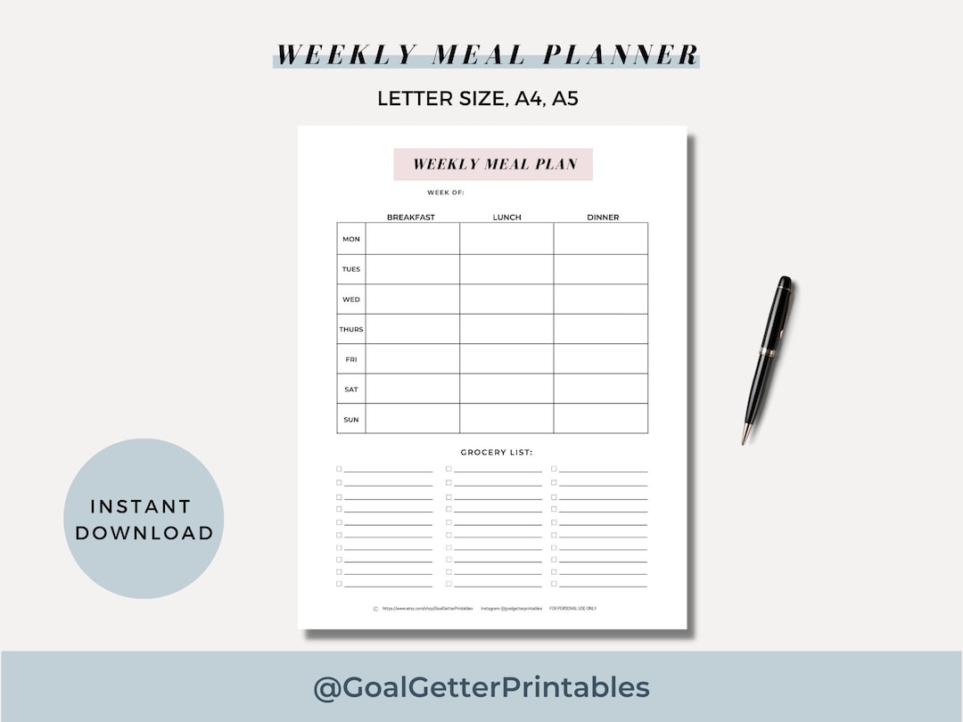 WEEKLY MEAL PLANNER and Grocery List, Pink Minimalist, Menu Plan & Prep ...