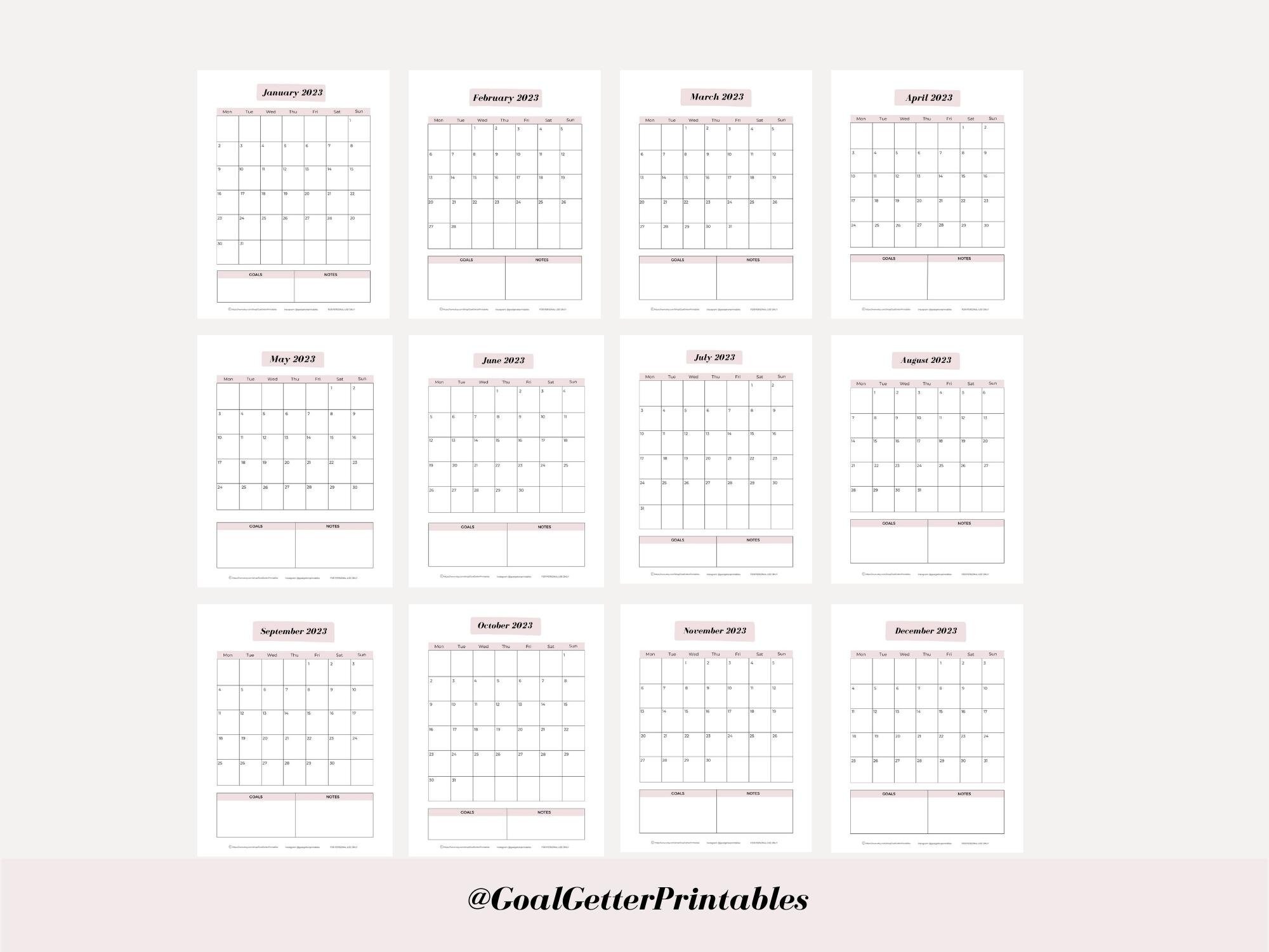 2023 Monthly Calendar Printable Template I Year at a Glance I Vertical ...