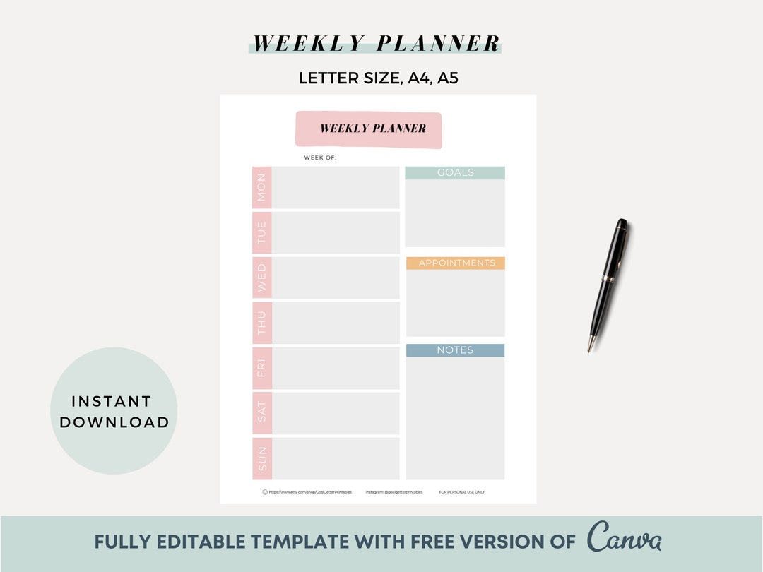 WEEKLY PLANNER, Printable Weekly to Do List, Editable Planner, Week at ...