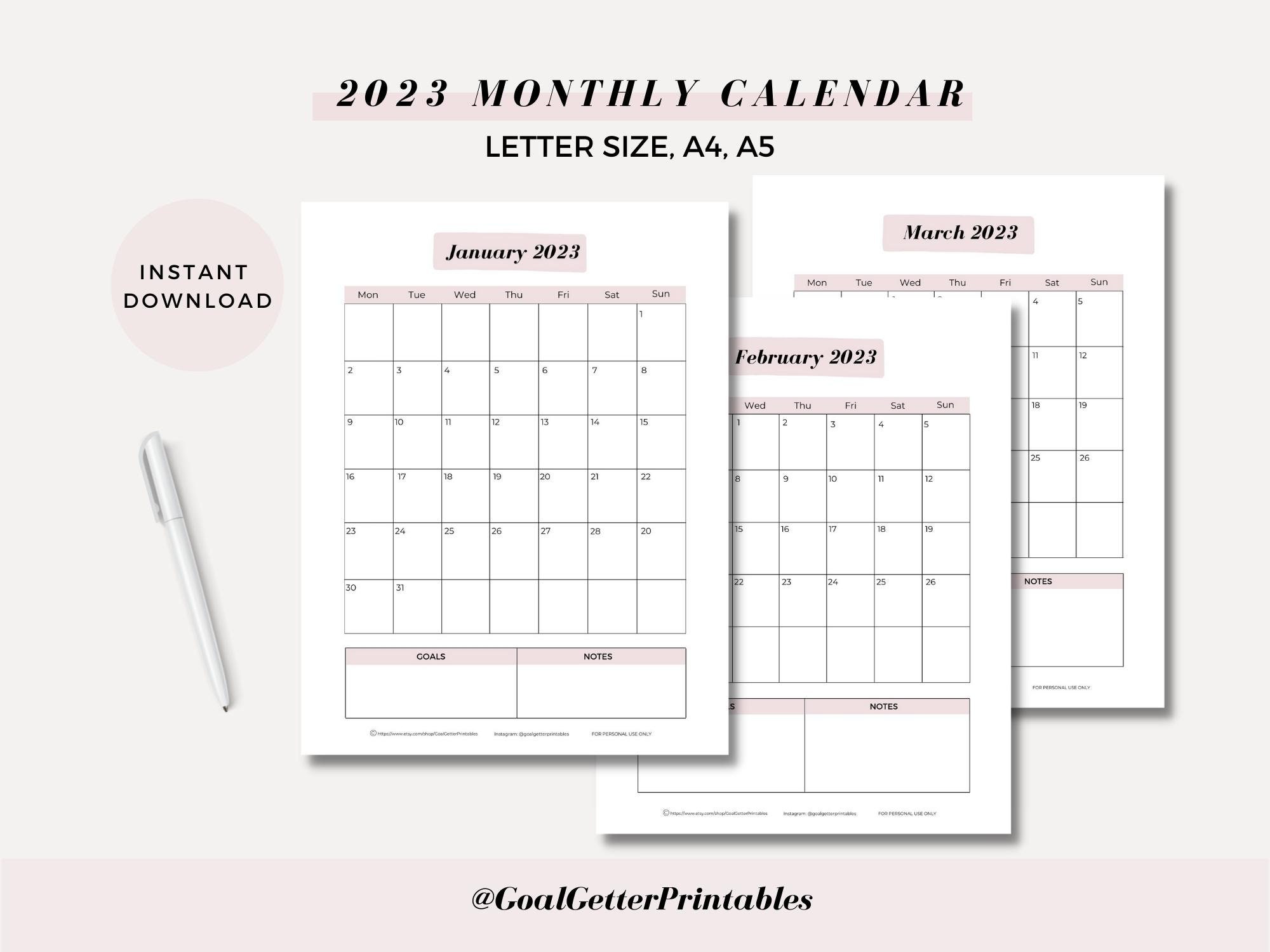 2023 Monthly Calendar Printable Template I Year at a Glance I Vertical ...