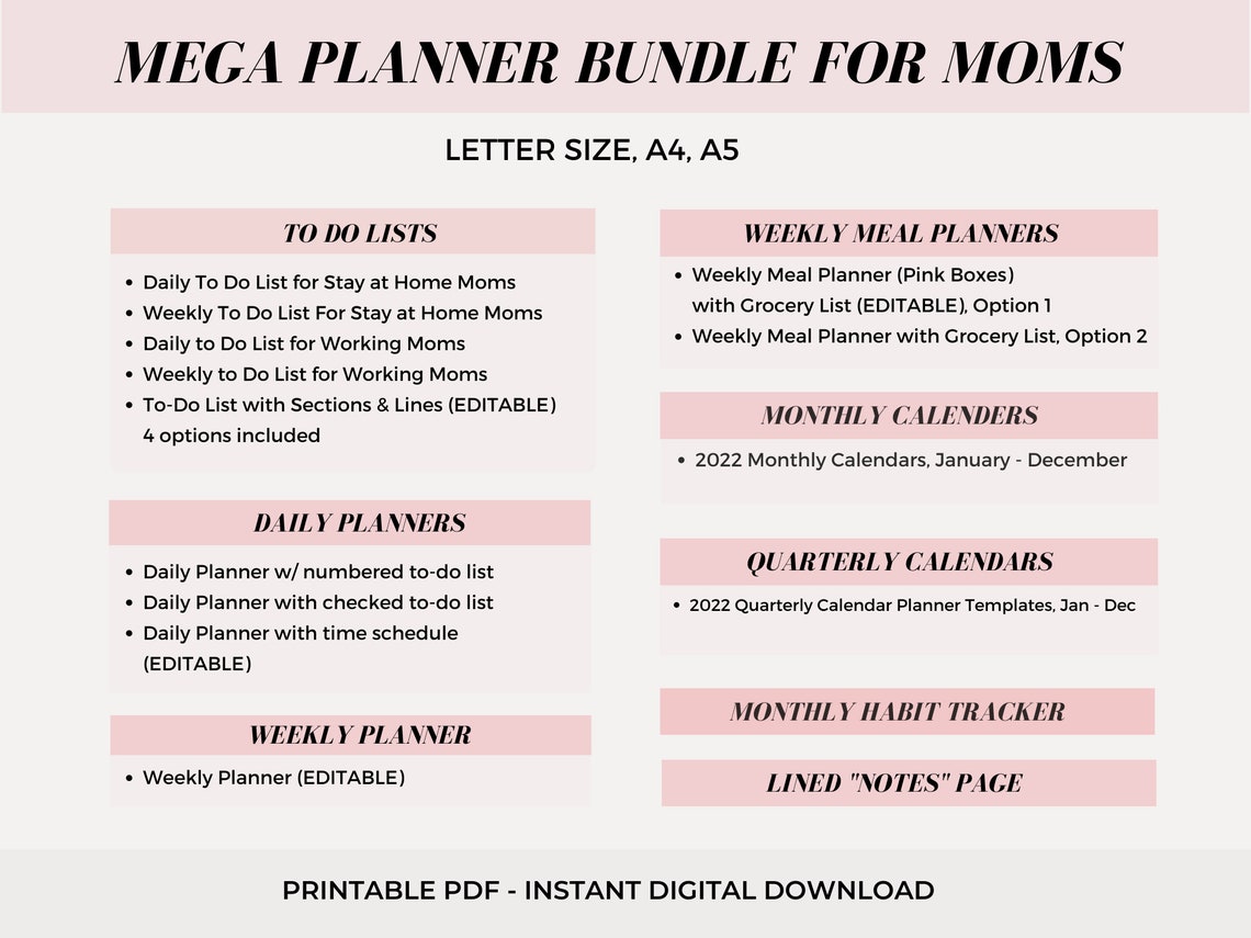 2022 Productivity Planner Printable Mega Bundle Planner for Moms, Daily ...