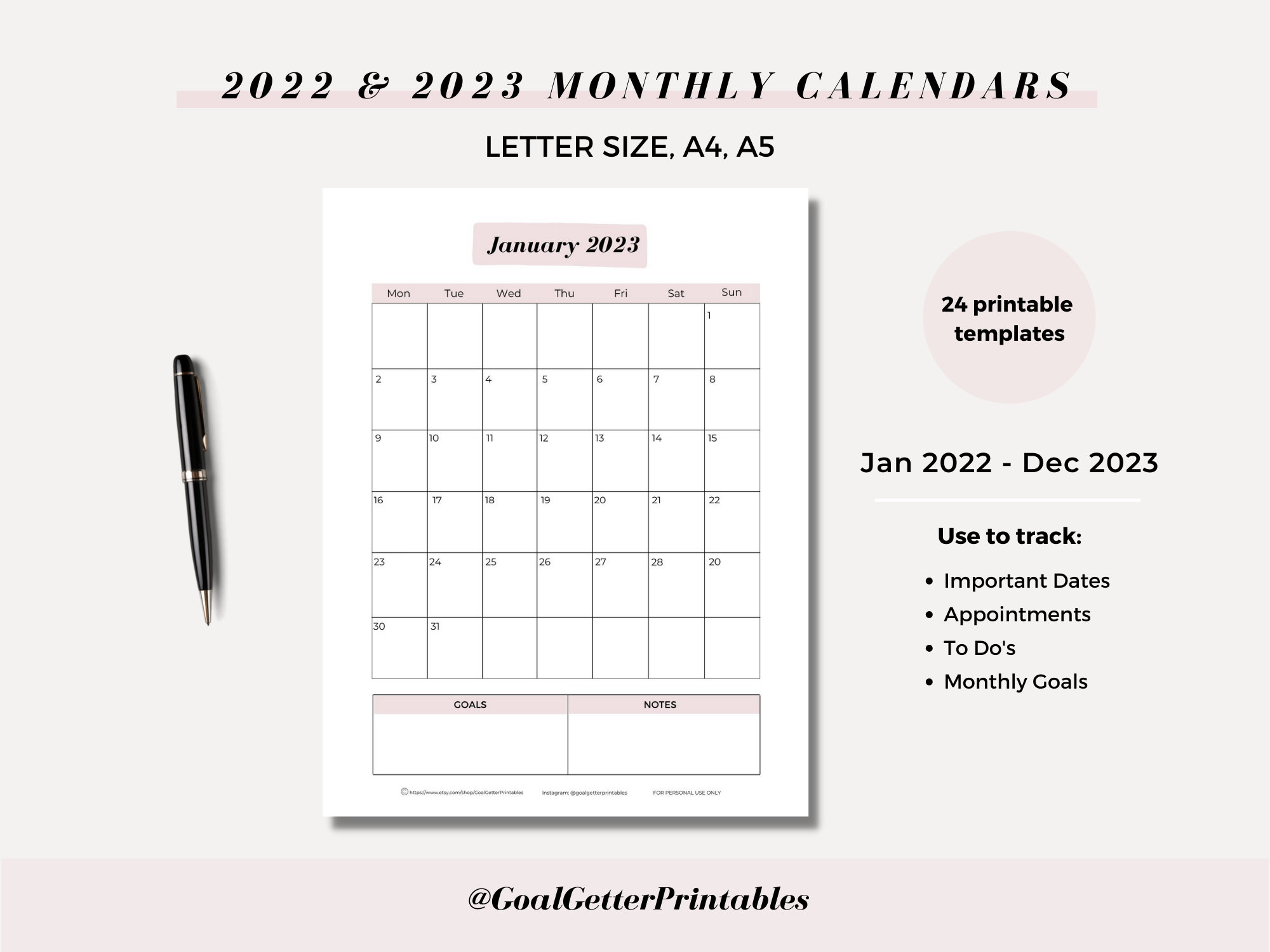 2022 - 2023 Monthly Calendar Bundle Planner Printable Vertical PDF ...