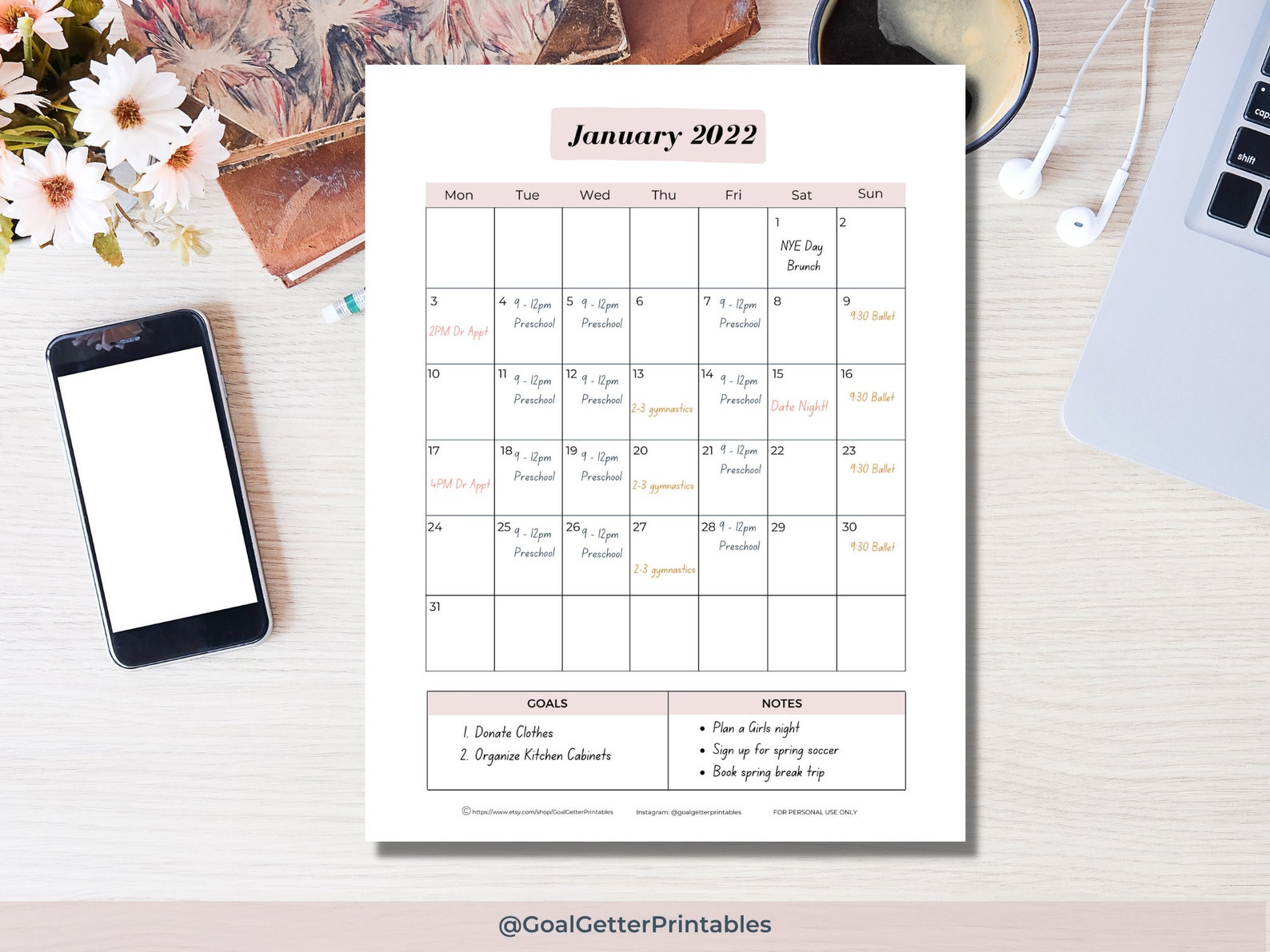2022 Monthly Calendar I Vertical Printable PDF Planner Template I Jan ...