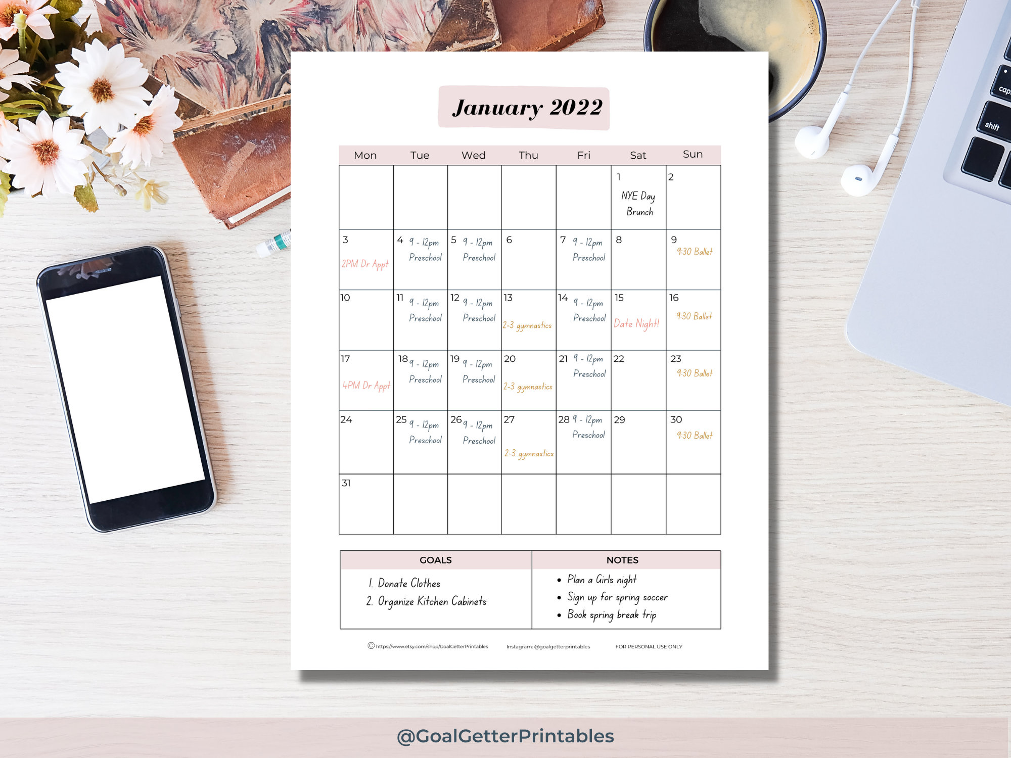 2022 Monthly Calendar I Vertical Printable PDF Planner Template I Jan ...