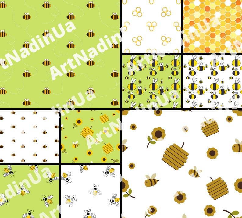 Summer Patterns Honey Digital Paper Pack: honey Bee Patterns Bumble Bee ...
