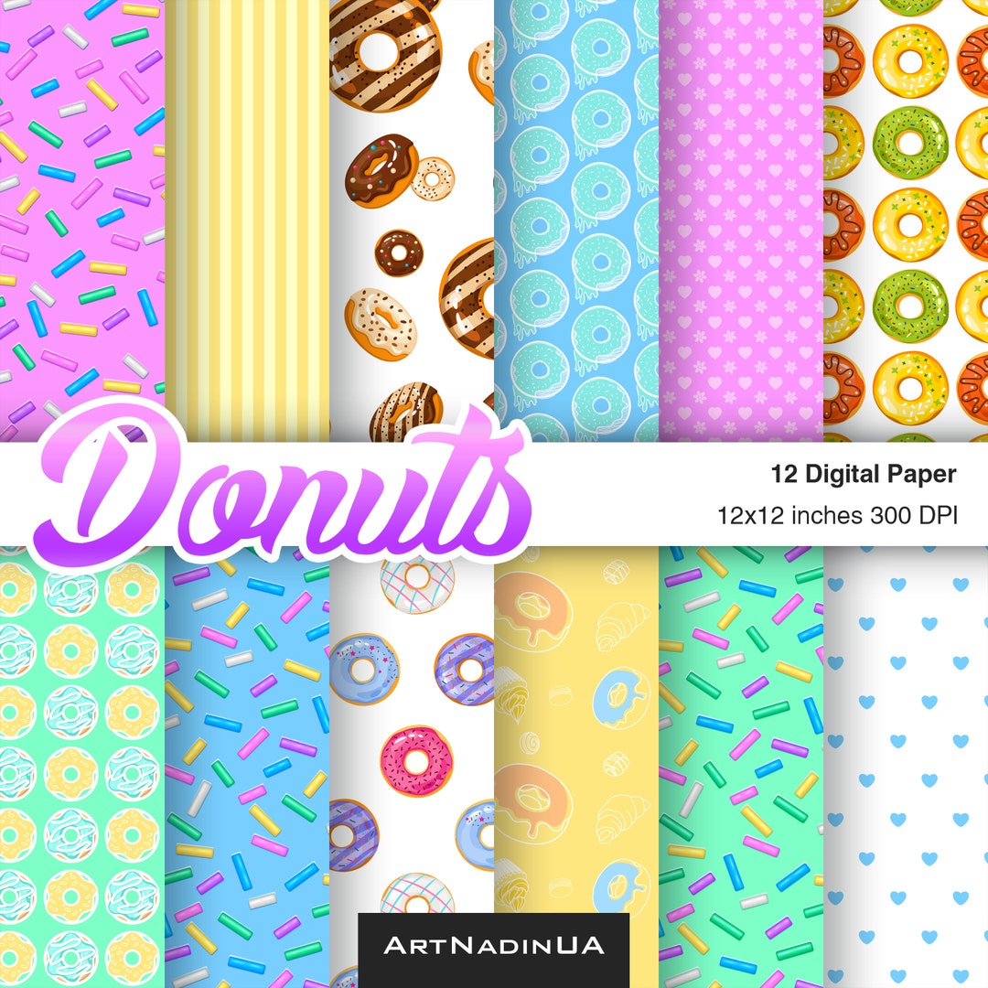 Donut Digital Scrapbook Paper Pack, Seamless Candy Bakery Background ...