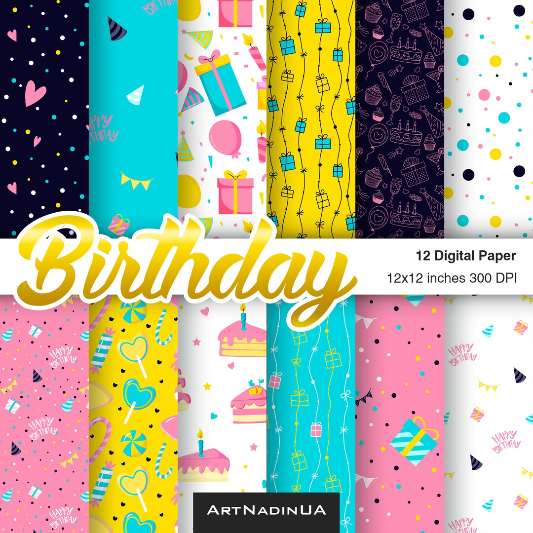 Birthday Digital Background Bundle , Scrapbook Paper Pack, Gift Clip ...