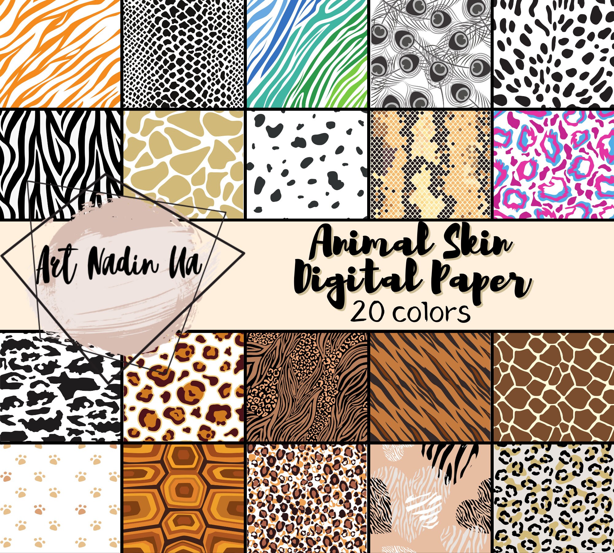 Animal Skin Digital Paper Wild Animal Prints Zebra, Giraffe, Tiger ...