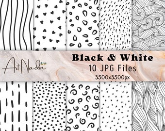 Black & White Digital Paper Pack, Scandinavian Doodle Patterns, Digital ...