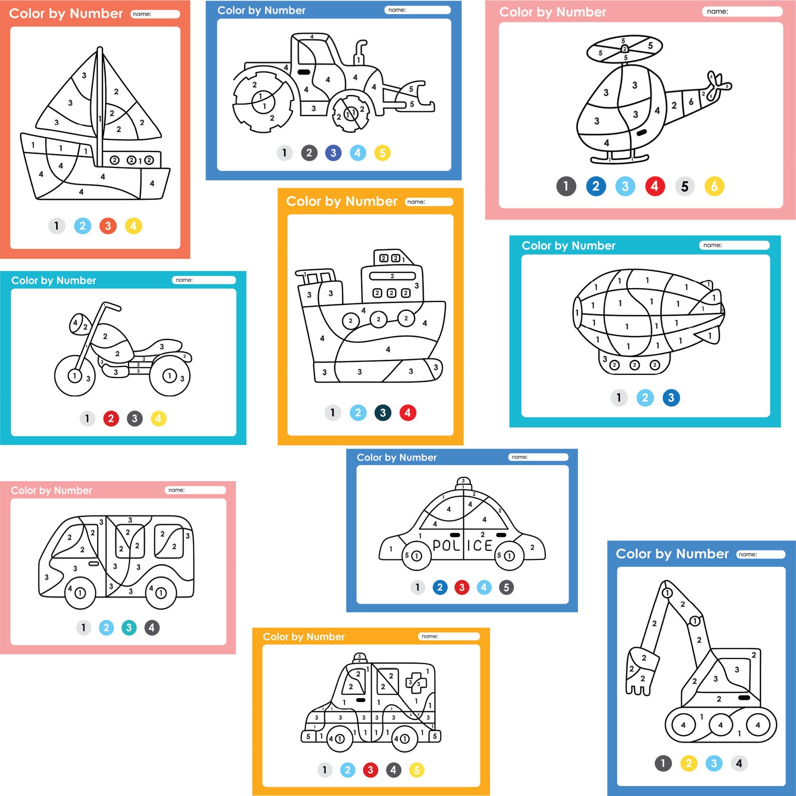 Vehicles Color by Number , Color by Number, Activity for Kids, Coloring ...