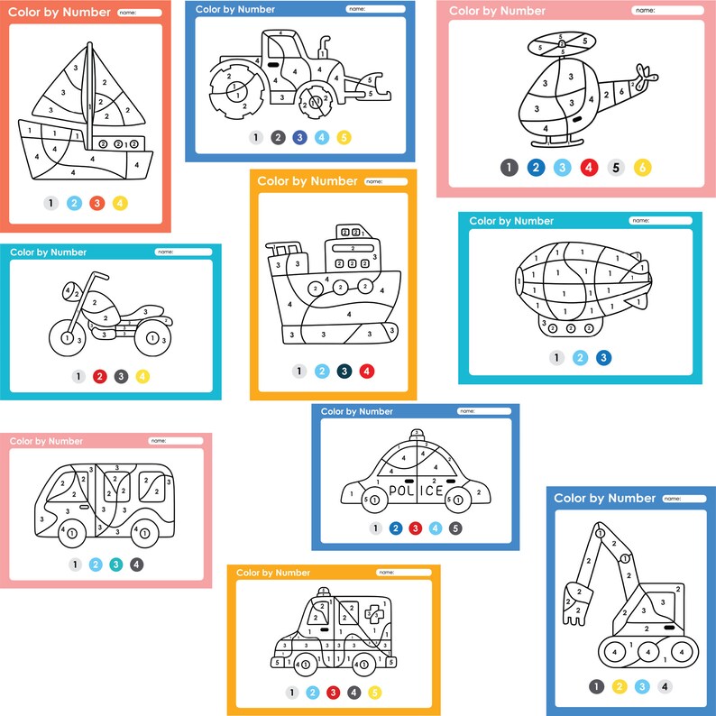 Vehicles Color by Number , Color by Number, Activity for Kids, Coloring ...