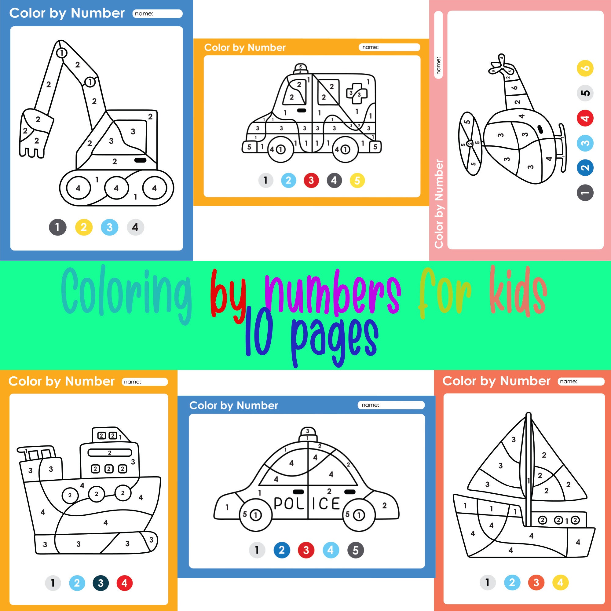 Vehicles Color by Number , Color by Number, Activity for Kids, Coloring ...