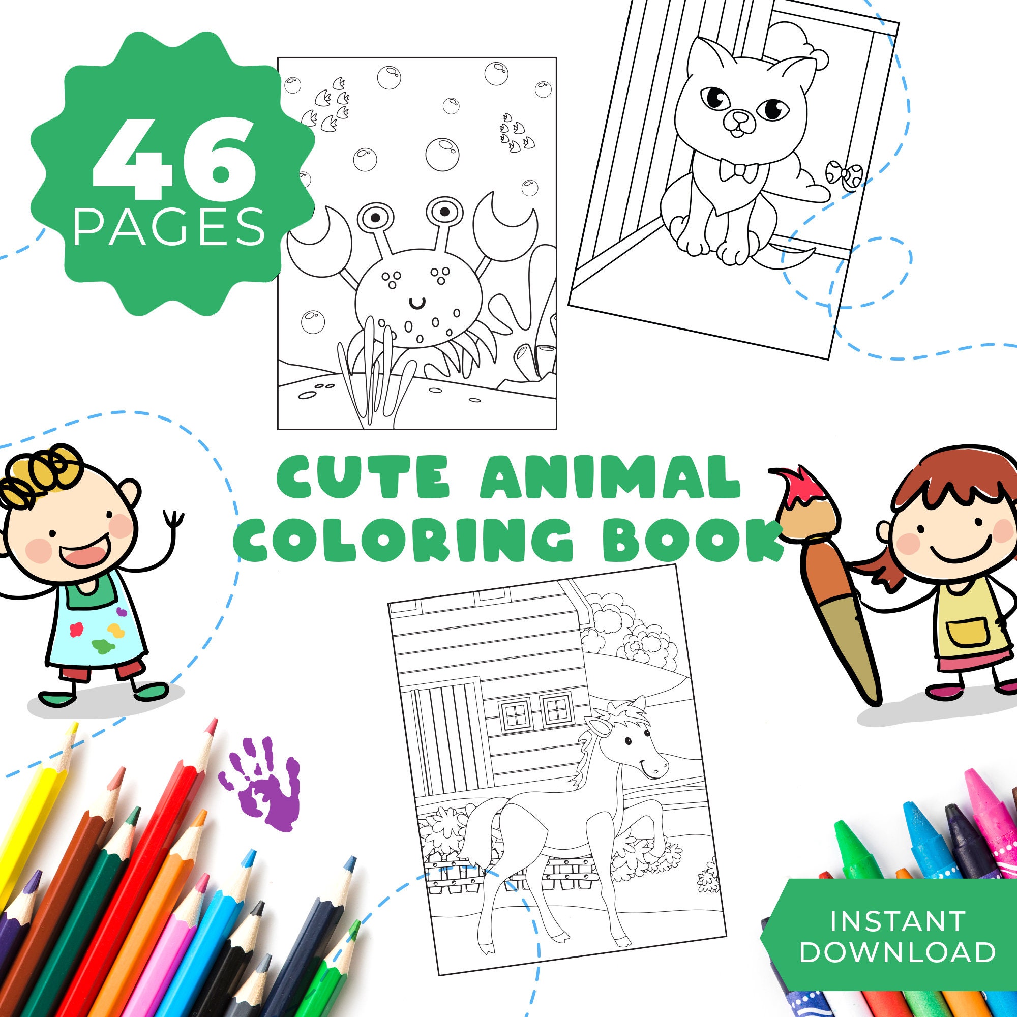46 Cute Animal Coloring Pages for Kids, Printable, Toddlers Coloring ...