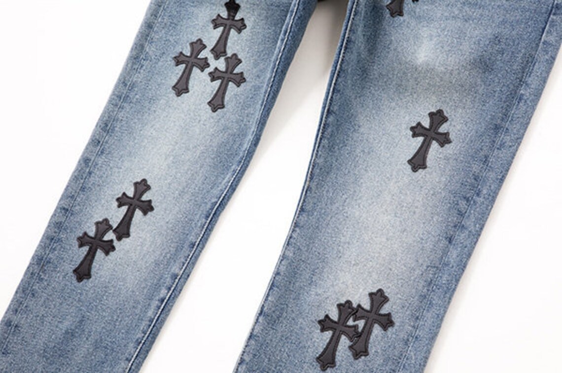 Custom Blue Denim Jeans With Black Leather Cross Patchwork - Etsy