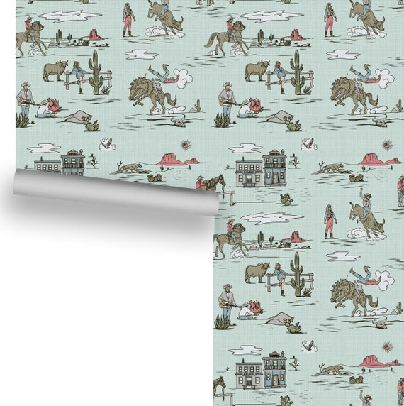 Vintage Cowboys and Cowgirls light Blue Removable Wallpaper | Etsy