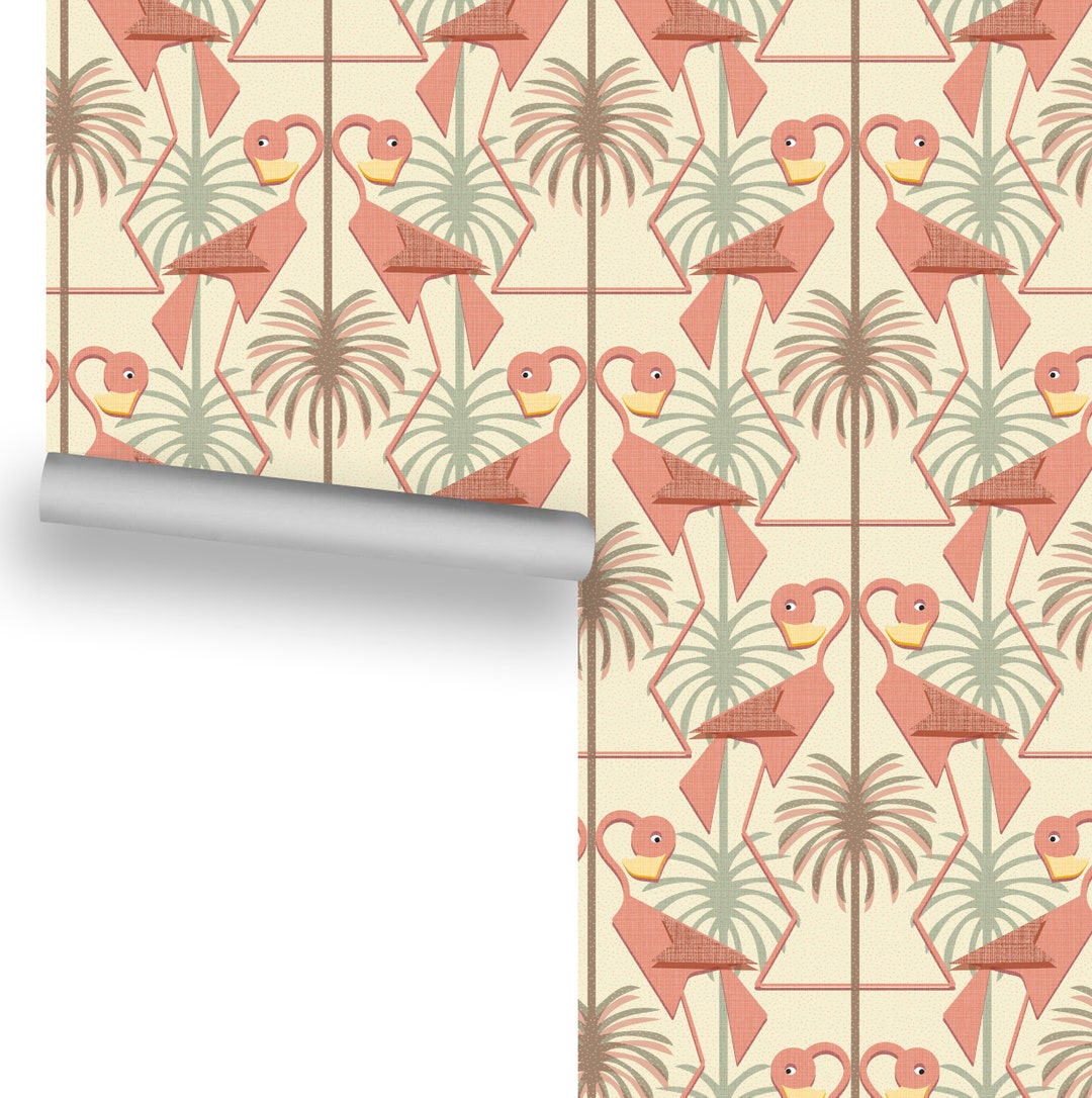 Mid-century Flamingo-mangle (warm Colors) Removable Wallpaper - Etsy UK