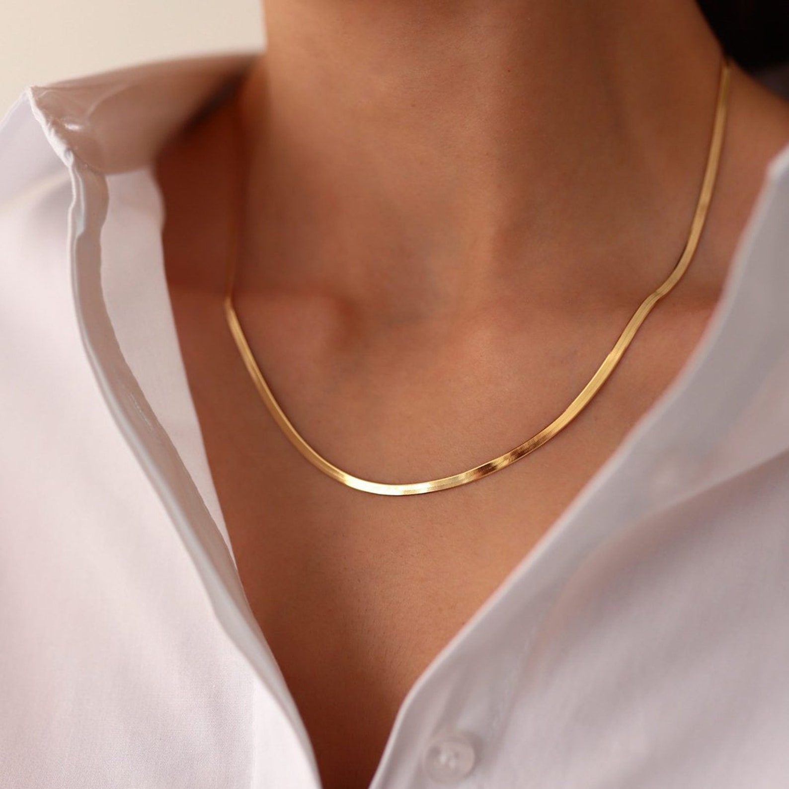 3mm Herringbone Chain Necklace Solid 14k Yellow Gold High - Etsy