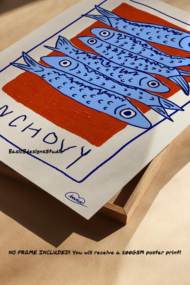 Anchovy Fish Print | Kitchen Wall Art | Sardine Tin Print | Food Print ...