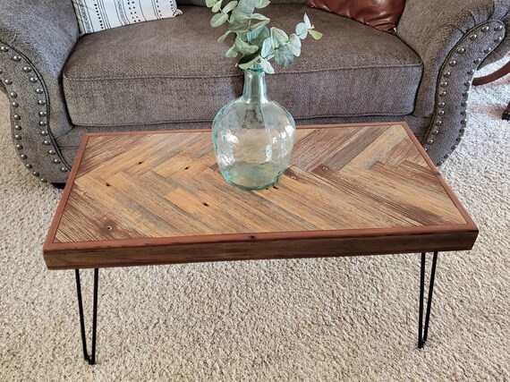 Herringbone Reclaimed Wood Coffee Table Barnwood Coffee Table Mid Century Rustic Modern Farmhouse Coffee Table Hairpin Leg Table Etsy Canada