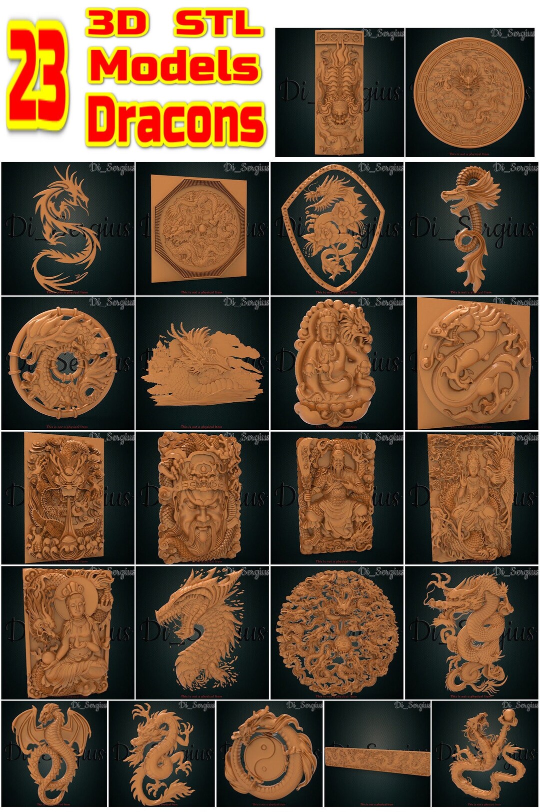 23 Dragons 3D STL Models, Asia God Decor, CNC File - Etsy