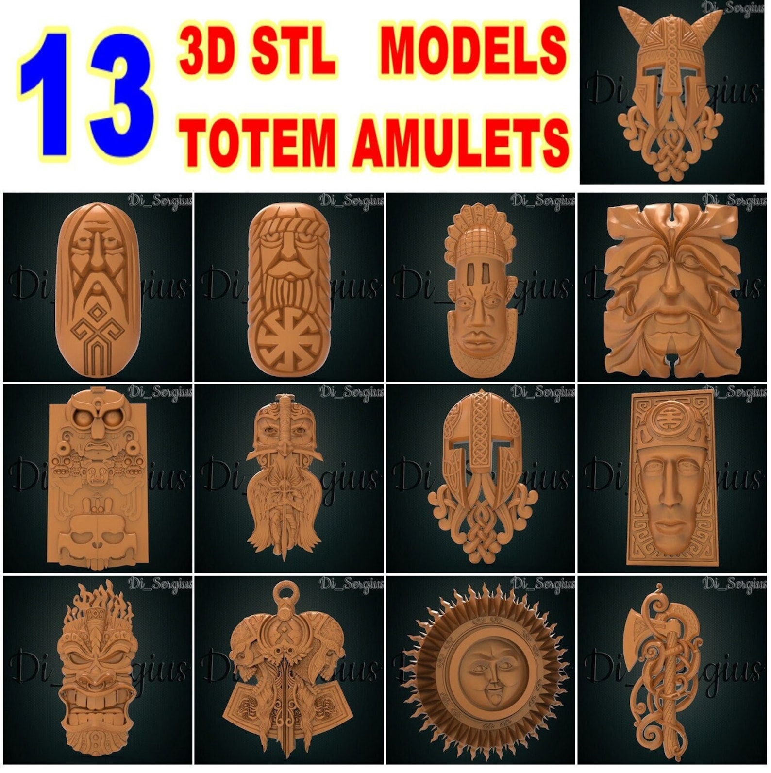 13 3D STL Models Totem Face Amulet Luck Joss Mascot Talisman | Etsy