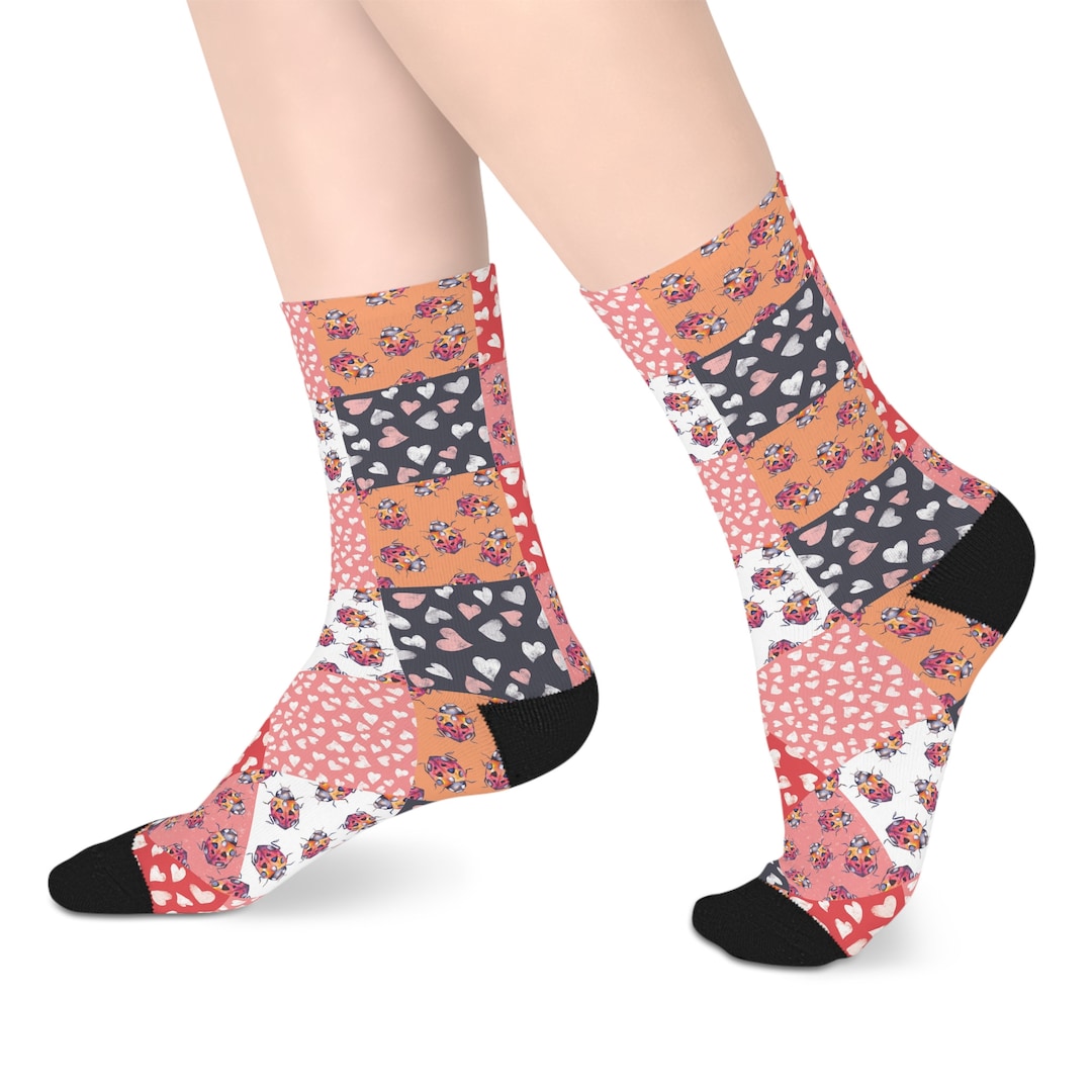 Patchwork Ladybug Midrise Socks | Funny Socks | Ladybug Socks | Pink ...