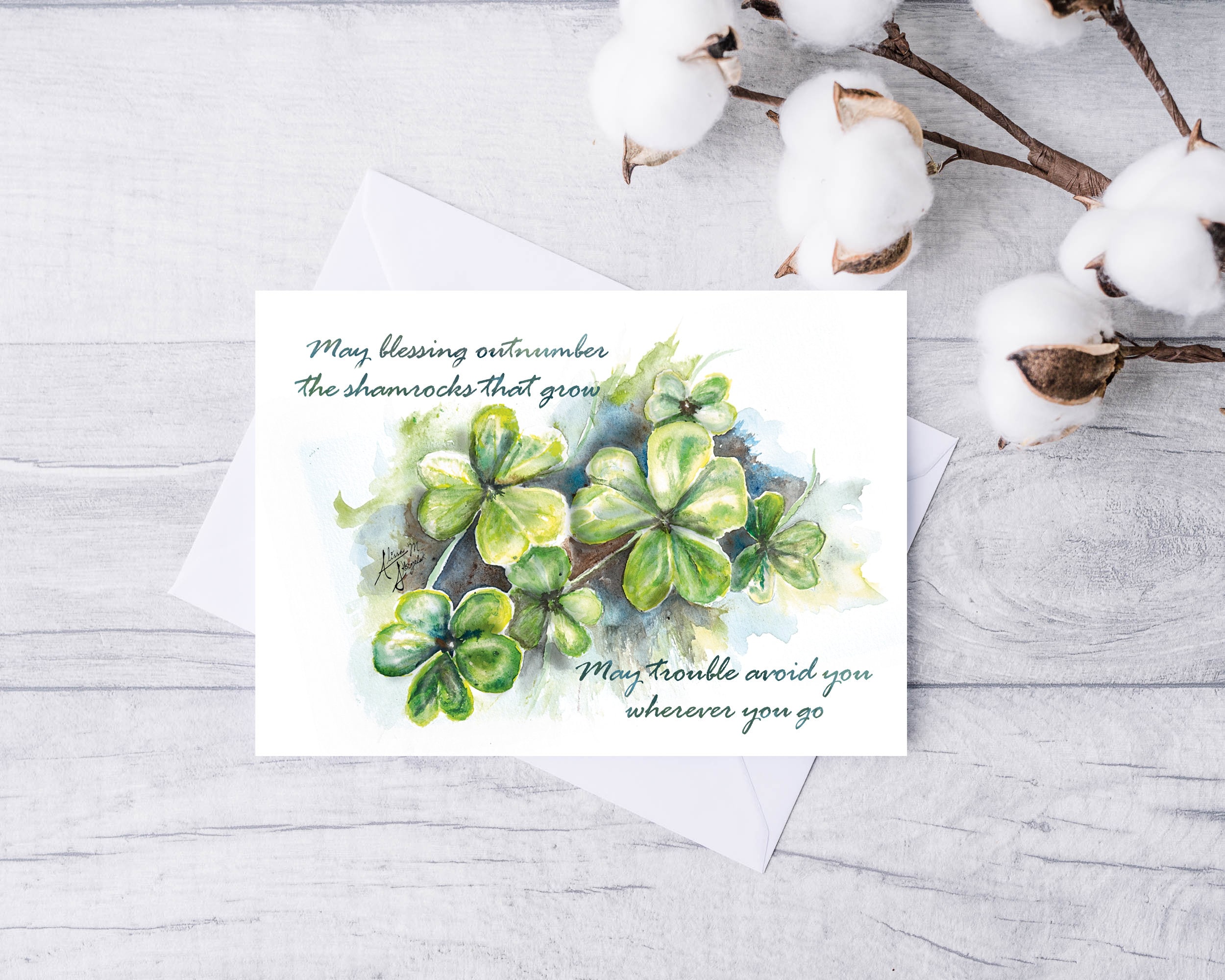 Shamrock Irish Blessing Printable Card: Watercolor 4 Leaf Clover ...
