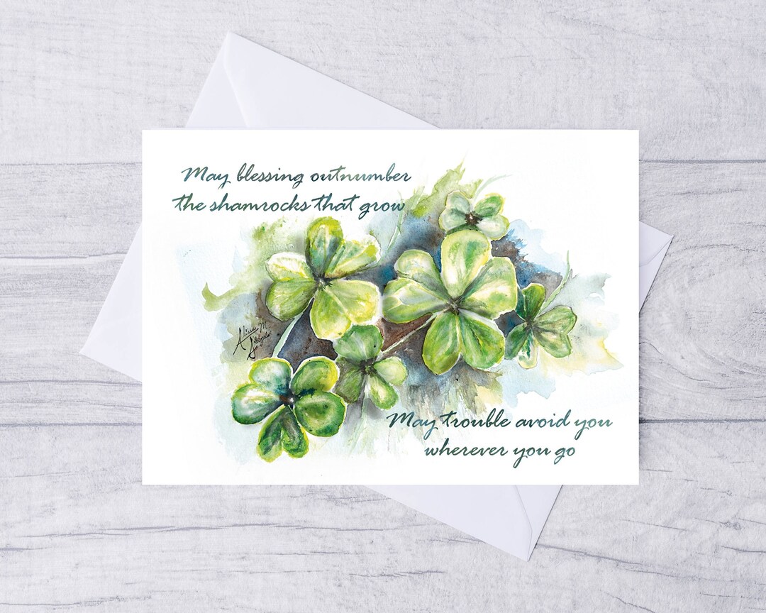 Shamrock Irish Blessing Printable Card: Watercolor 4 Leaf Clover ...
