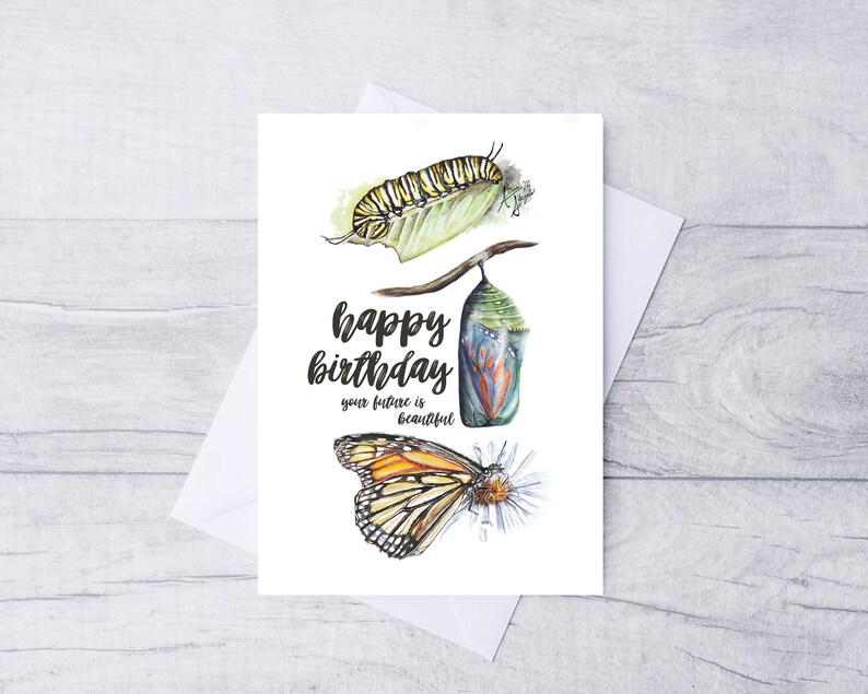 Monarch Happy Birthday Card 5x7 Inch Watercolor Folded Greeting Card ...