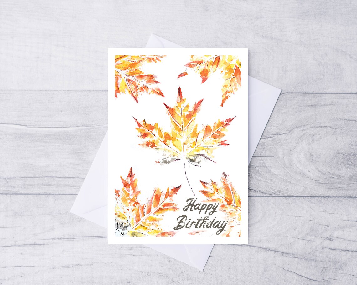 Printable Fall Happy Birthday Card Autumn Leaf Digital Birthday Card ...