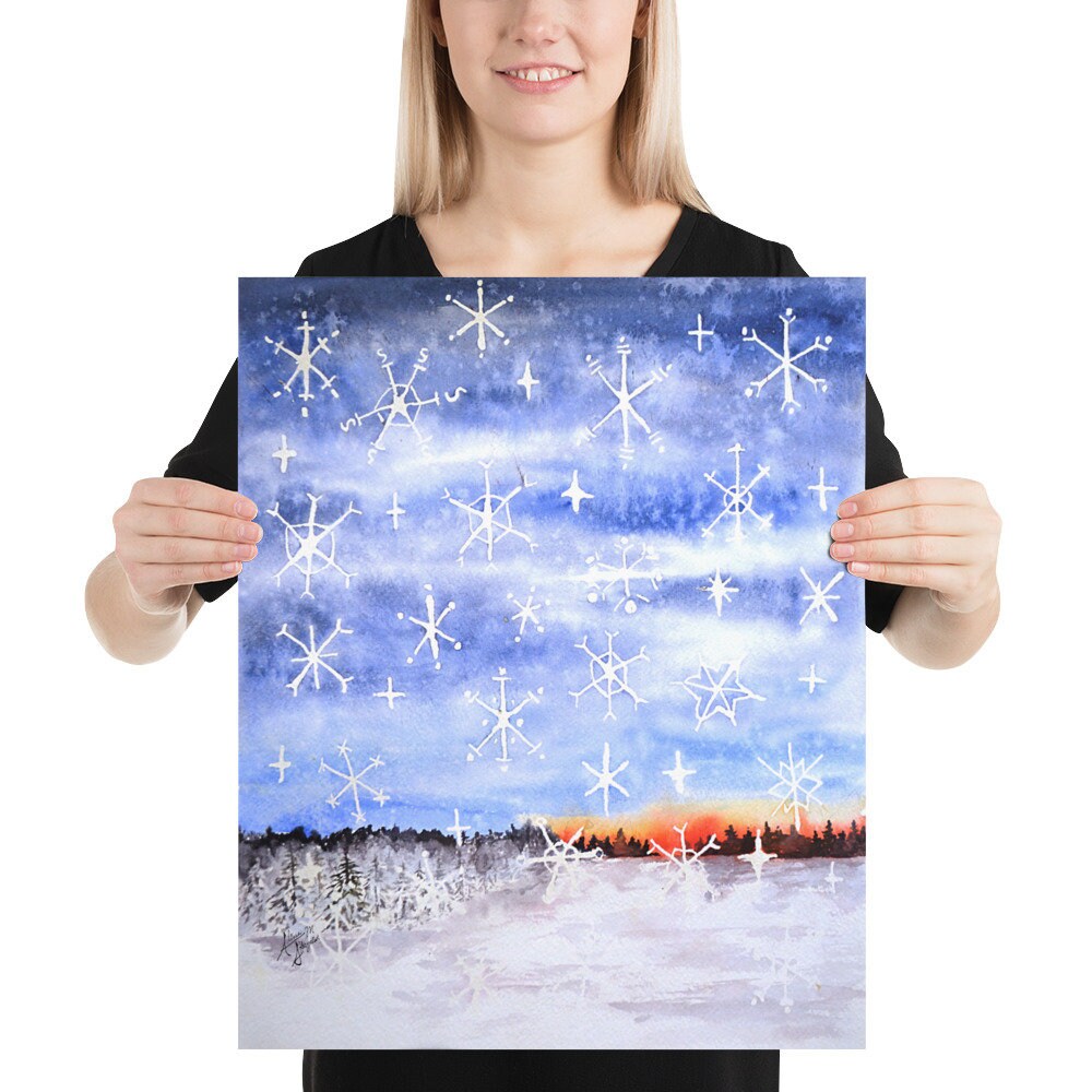 Snowflake Sky Watercolor Winter Sunset Sky Art Print Winter - Etsy