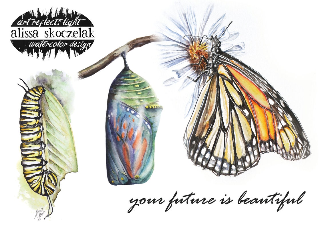 Printable Monarch Butterfly Caterpillar Chrysalis Watercolor Art Girl ...