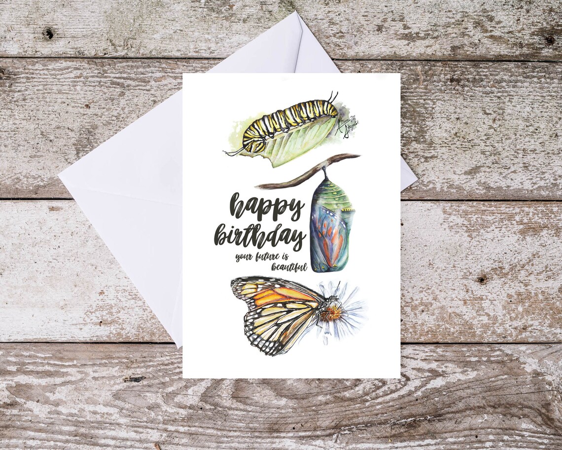 Monarch Happy Birthday Card 5x7 Inch Watercolor Folded Greeting Card ...