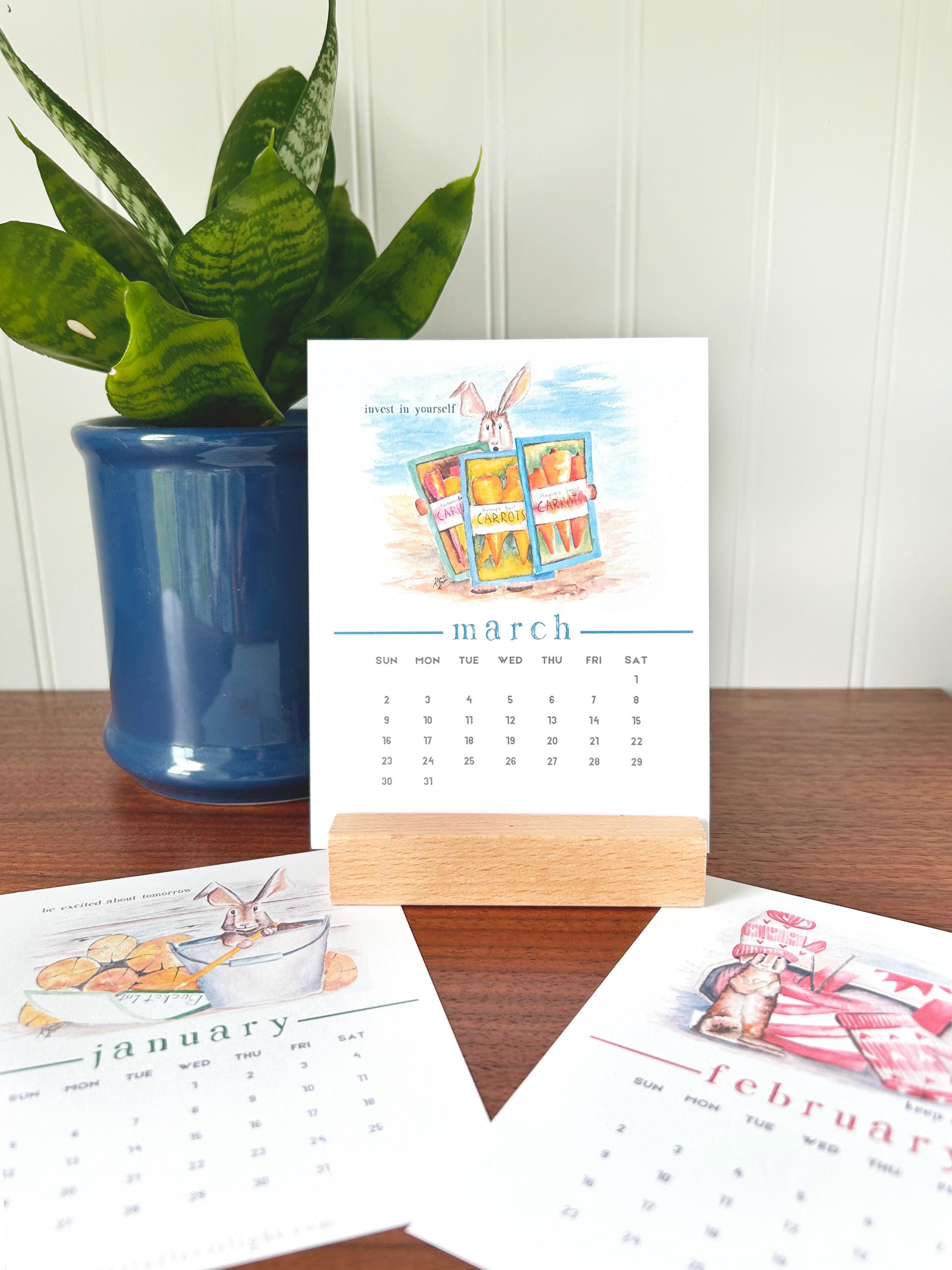 2025 Desk Calendar | Small Bunny Watercolor Desktop Calendar With Wood ...