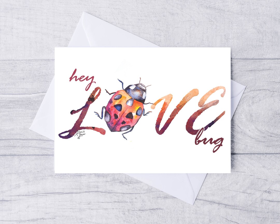 Hey Love Bug Ladybug Watercolor Valentine Card Folded Love Notecard ...