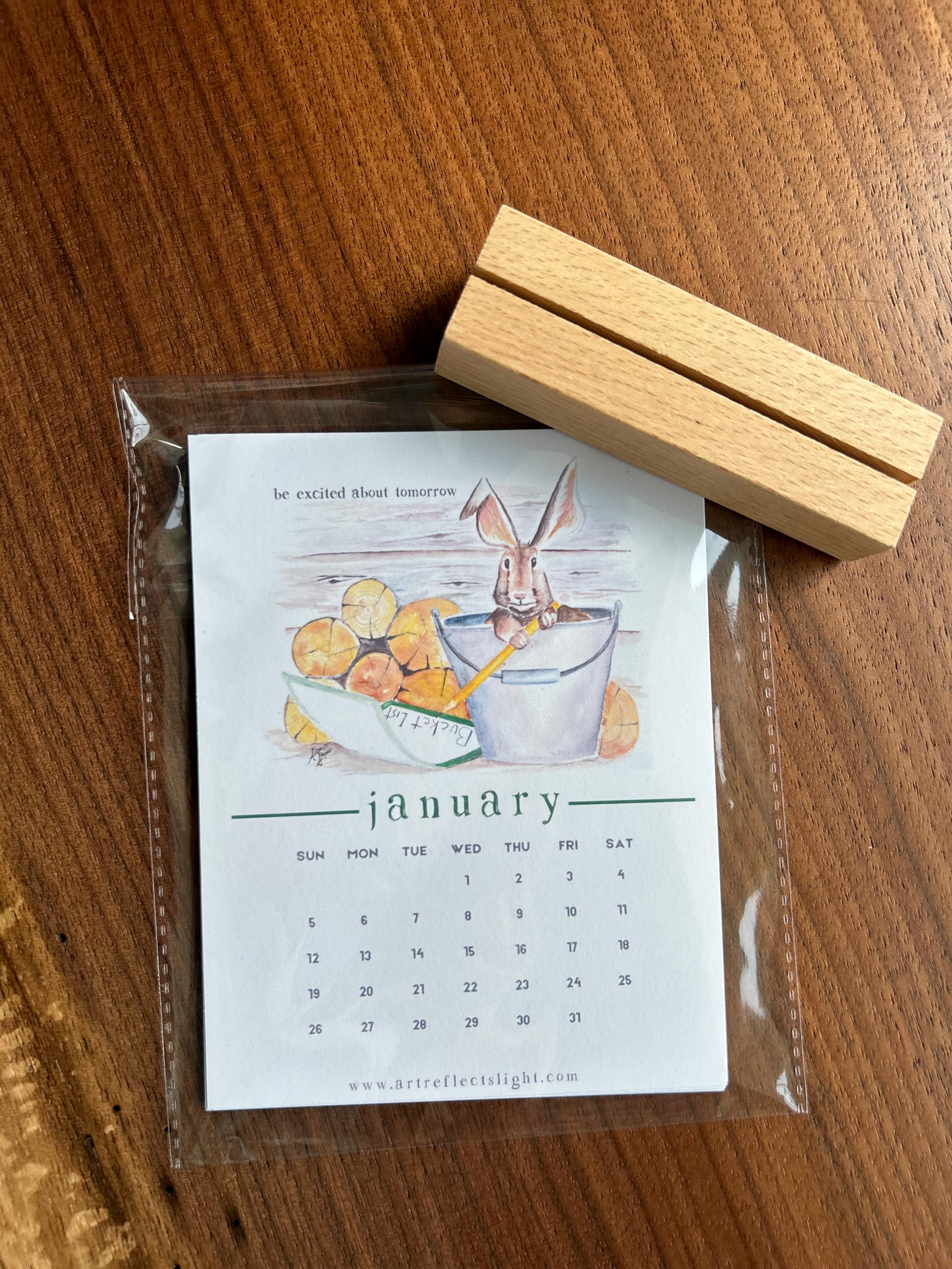2025 Desk Calendar | Small Bunny Watercolor Desktop Calendar With Wood ...