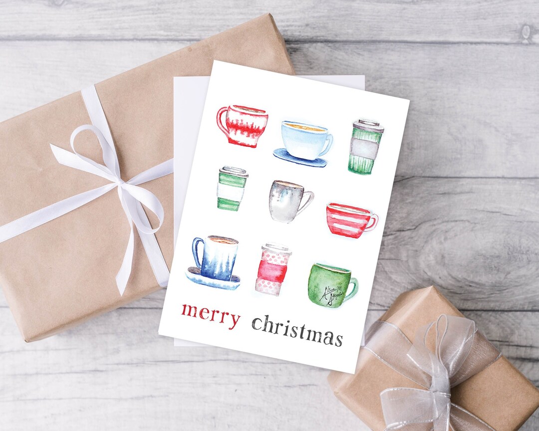 Coffee Cups Watercolor Christmas Card Printable, 5x7" Folded Coffee ...