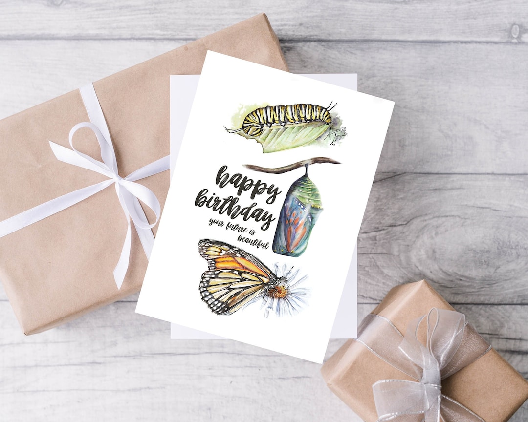 Monarch Happy Birthday Card 5x7 Inch Watercolor Folded Greeting Card ...