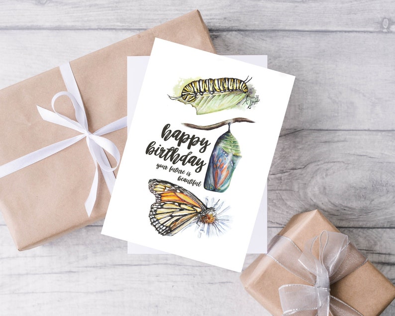 Monarch Happy Birthday Card 5x7 Inch Watercolor Folded Greeting Card ...