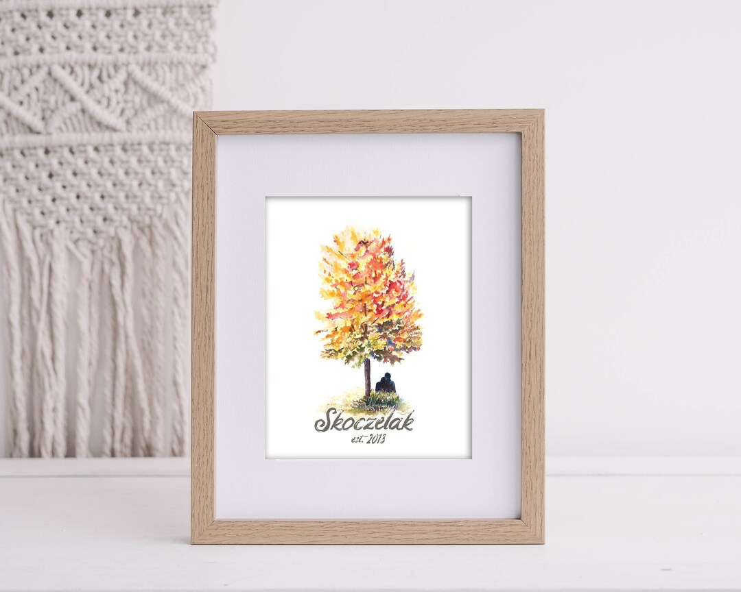 Custom Last Name Fall Tree Art Print ~ Couple Under Autumn Tree With ...