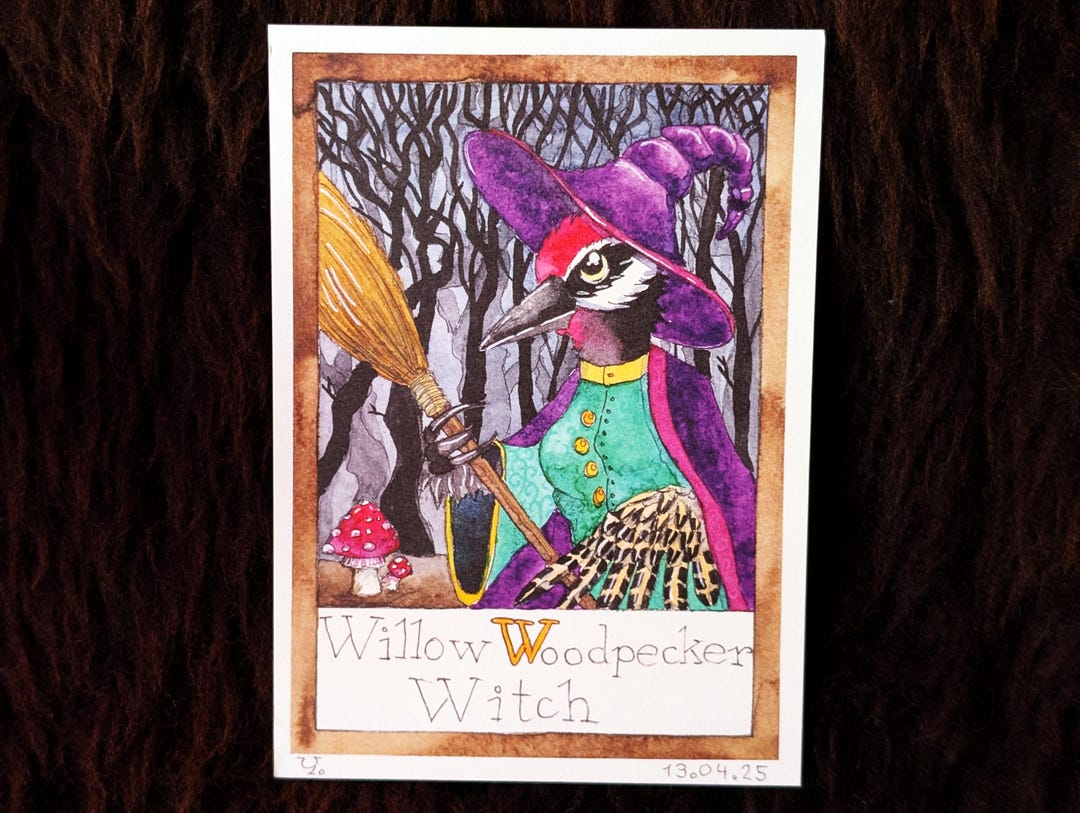 Y's Animal Alphabet: Willow Woodpecker, Witch - the Postcard - Etsy