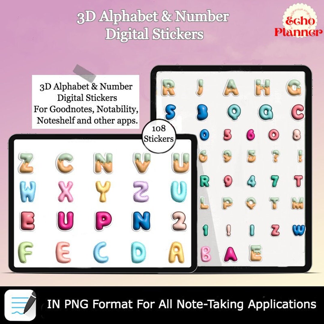 Alphabet & Number 3D Digital Stickers | Calendar Numbers Goodnotes ...