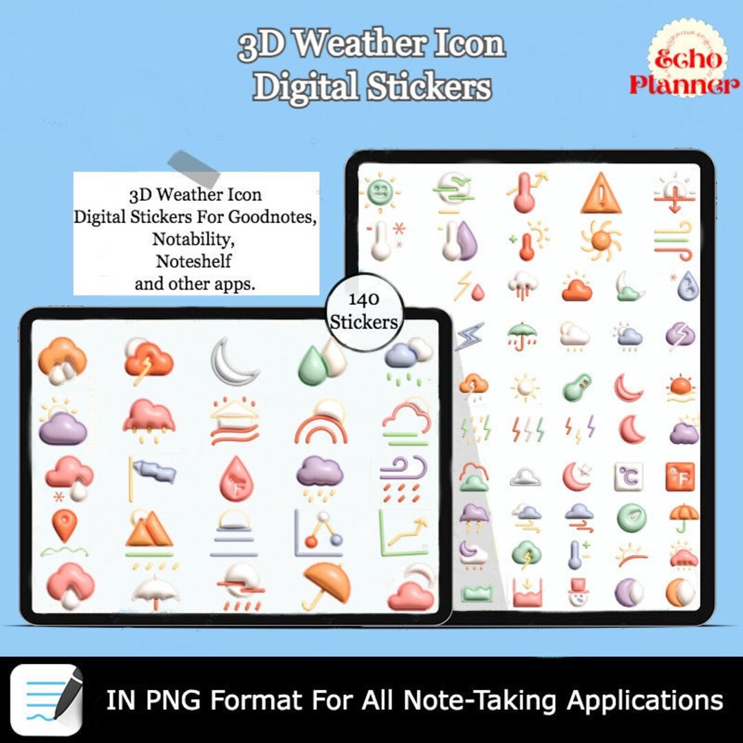 3D Weather Icon Digital Sticker Book | Weather Digital Planner Stickers ...