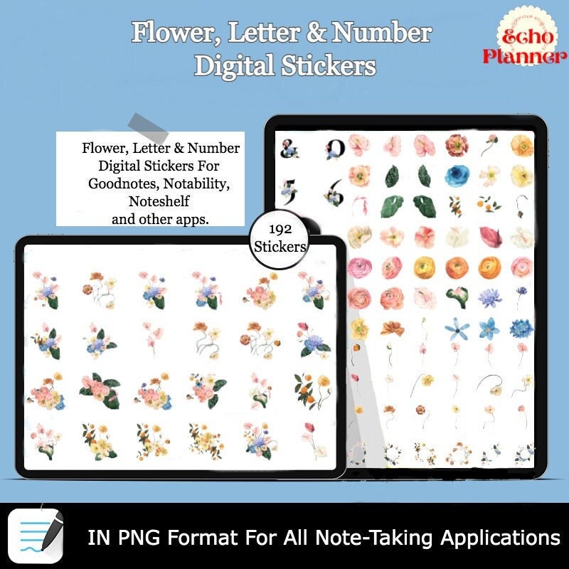 Watercolor Flower Digital Stickers for Goodnotes Letter & Number ...