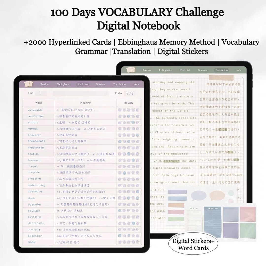 Vocabulary & Grammar Digital Notebook With Digital Stickers and Word ...