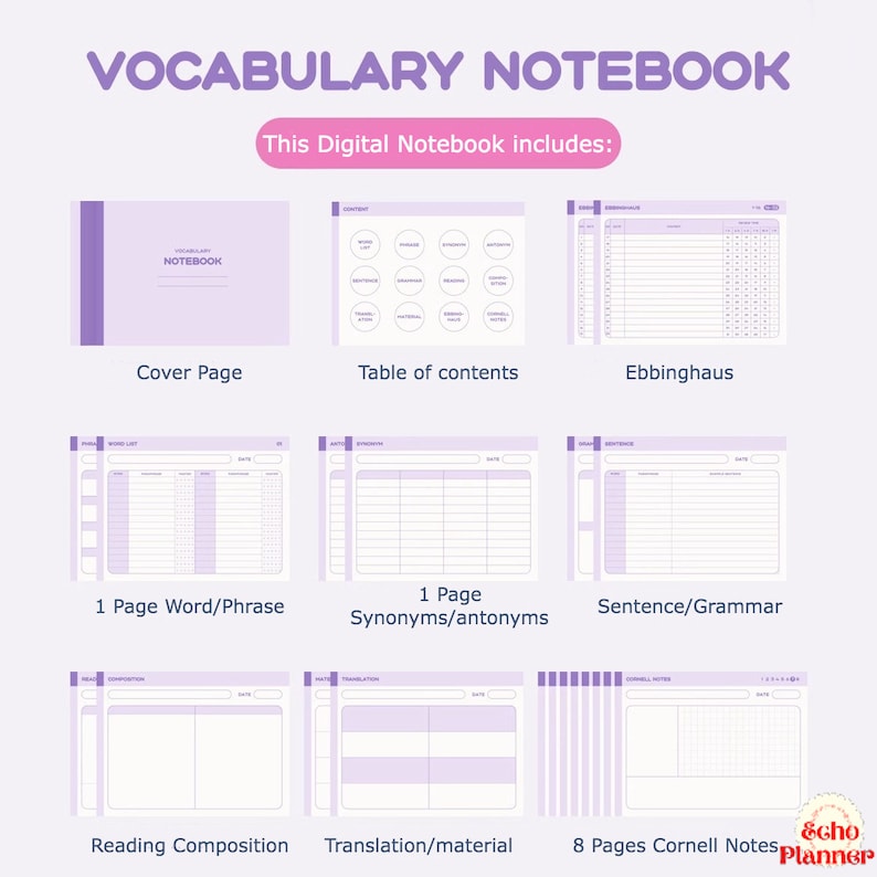 Purple Language Learning Digital Planner: Vocabulary & Grammar (PDF ...