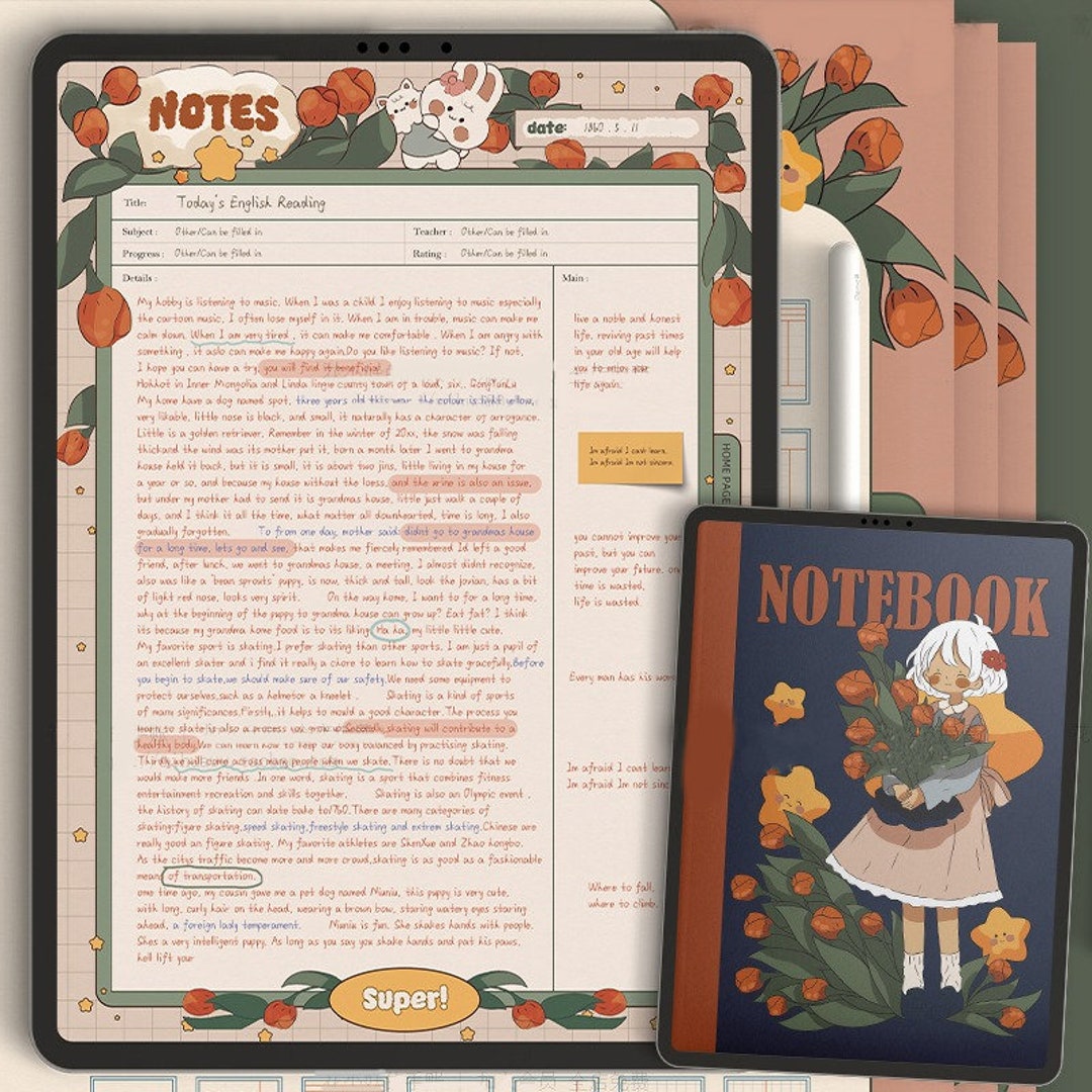 Cute Cartoon PDF Notebook | Flower Digital Notebook | Hyperlinked ...