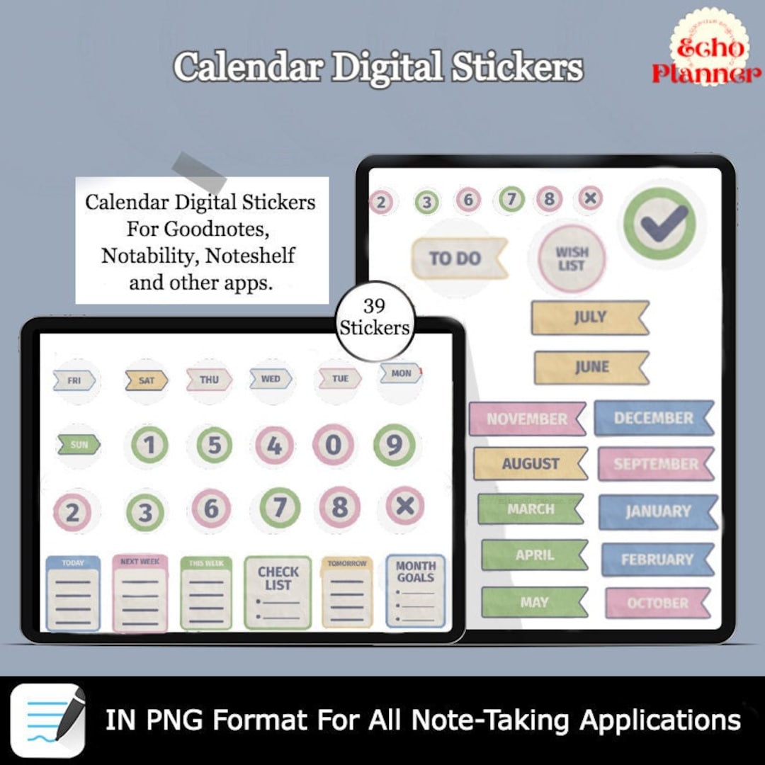 Digital Calendar Stickers: Months, Weekdays, Checklist (PNG) - Etsy